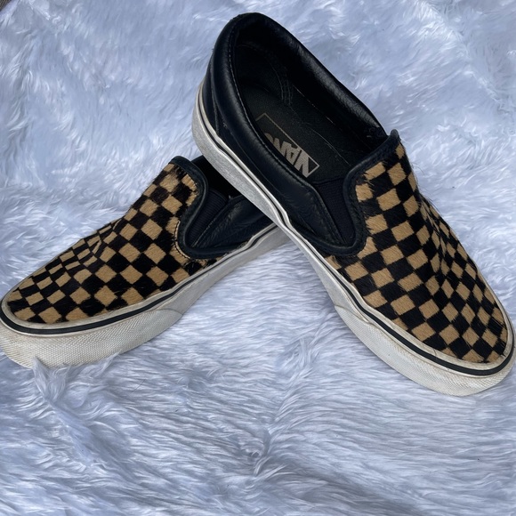 Vans | Shoes | Rare Vans Calf Hair Leather Checkered Slip Ons Tan And ...